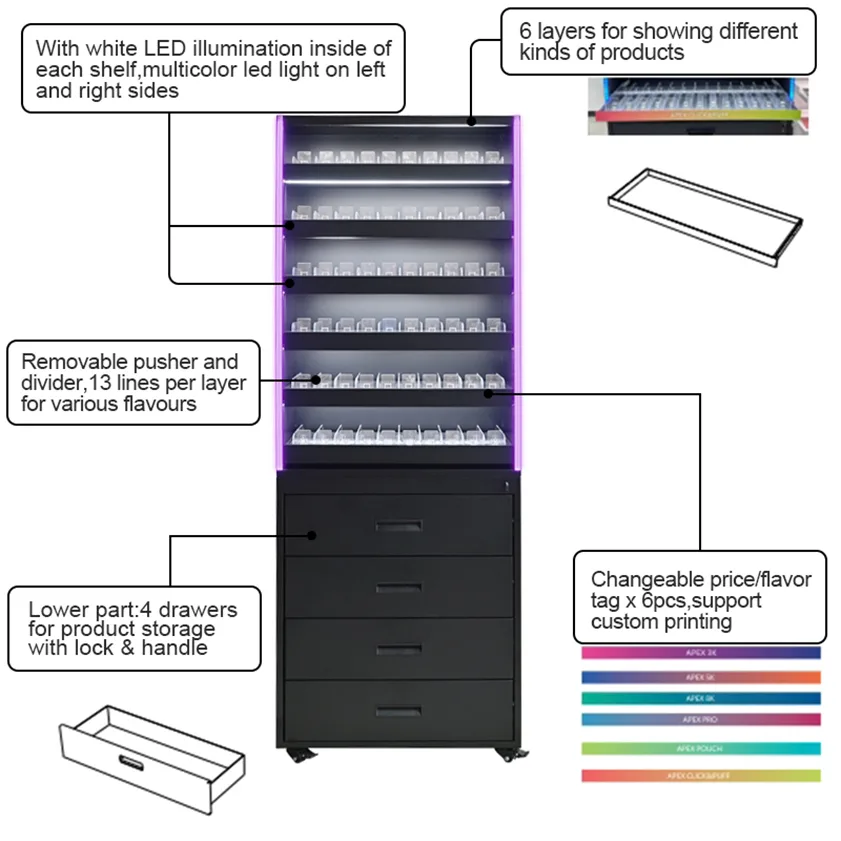 6 Tiers Metal Smoke Display Stand with RGB Led for Smoke Shop - APEX