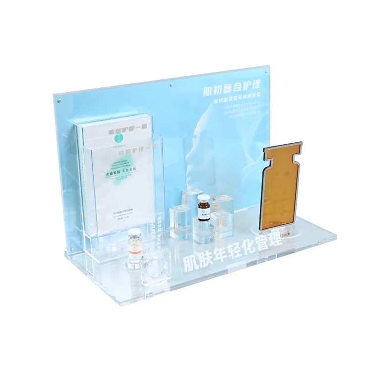 Custom 3D Text Brand L Shape Skincare Acrylic Countertop Display Stand
