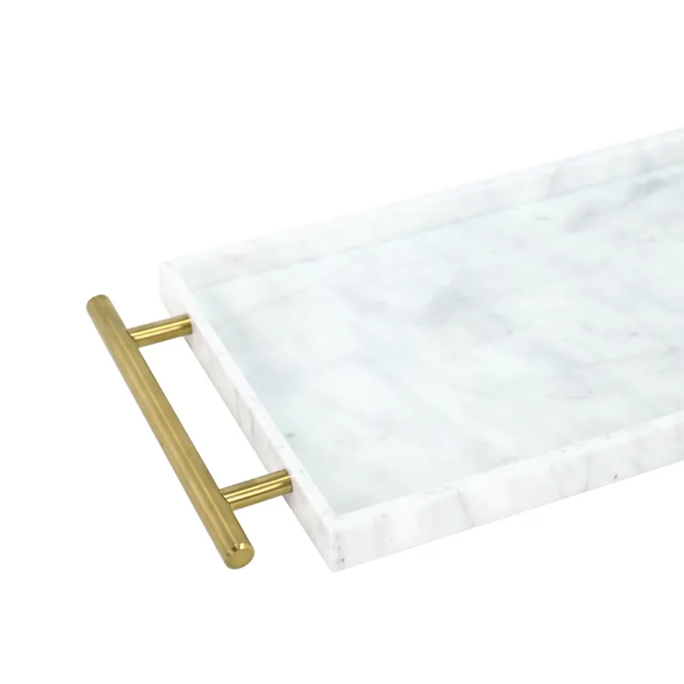 Countertop White Marble Grain Acrylic Tray with Gold Handle