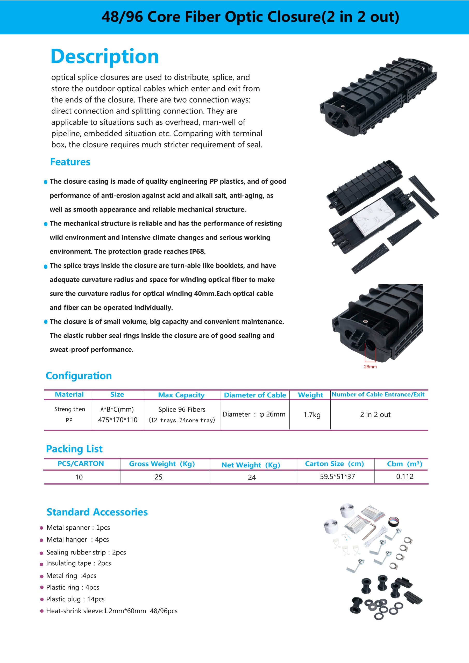 48/96 Core Fiber Optic Closure(2 in 2 out) - Owire