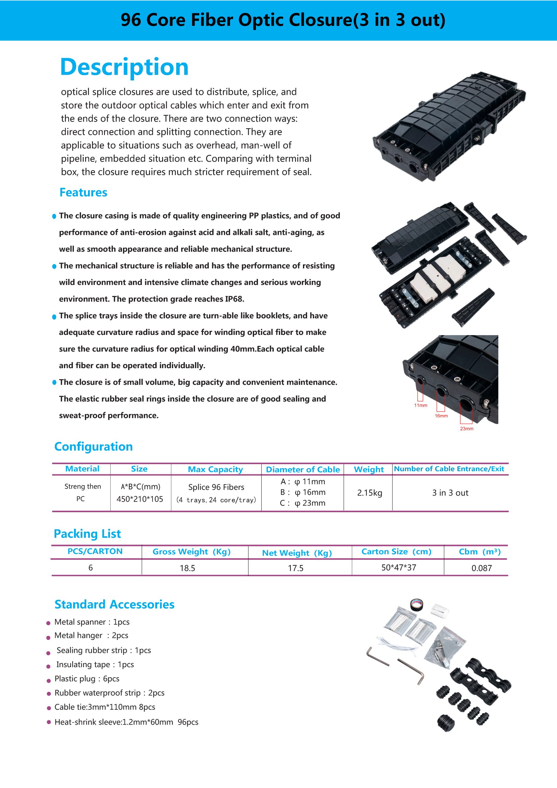 OW-F003 96|144 Core Fiber Optic Closure(3 in 3 out) - Owire