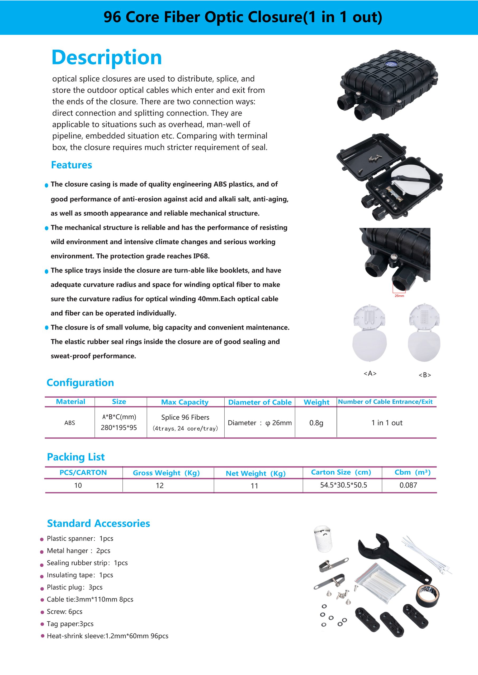 OW-F006 96 Core Fiber Optic Closure(1 in 1 out) - Owire